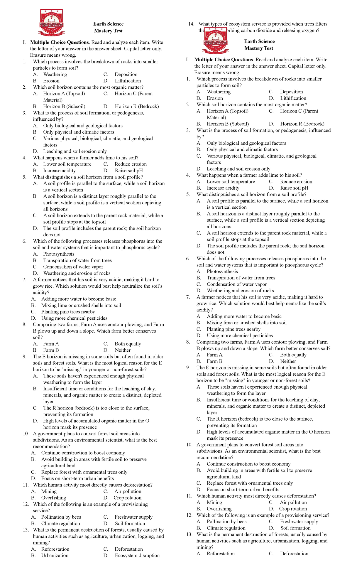 Earth Science Mastery Test I: Multiple Choice Questions Guide - Studocu