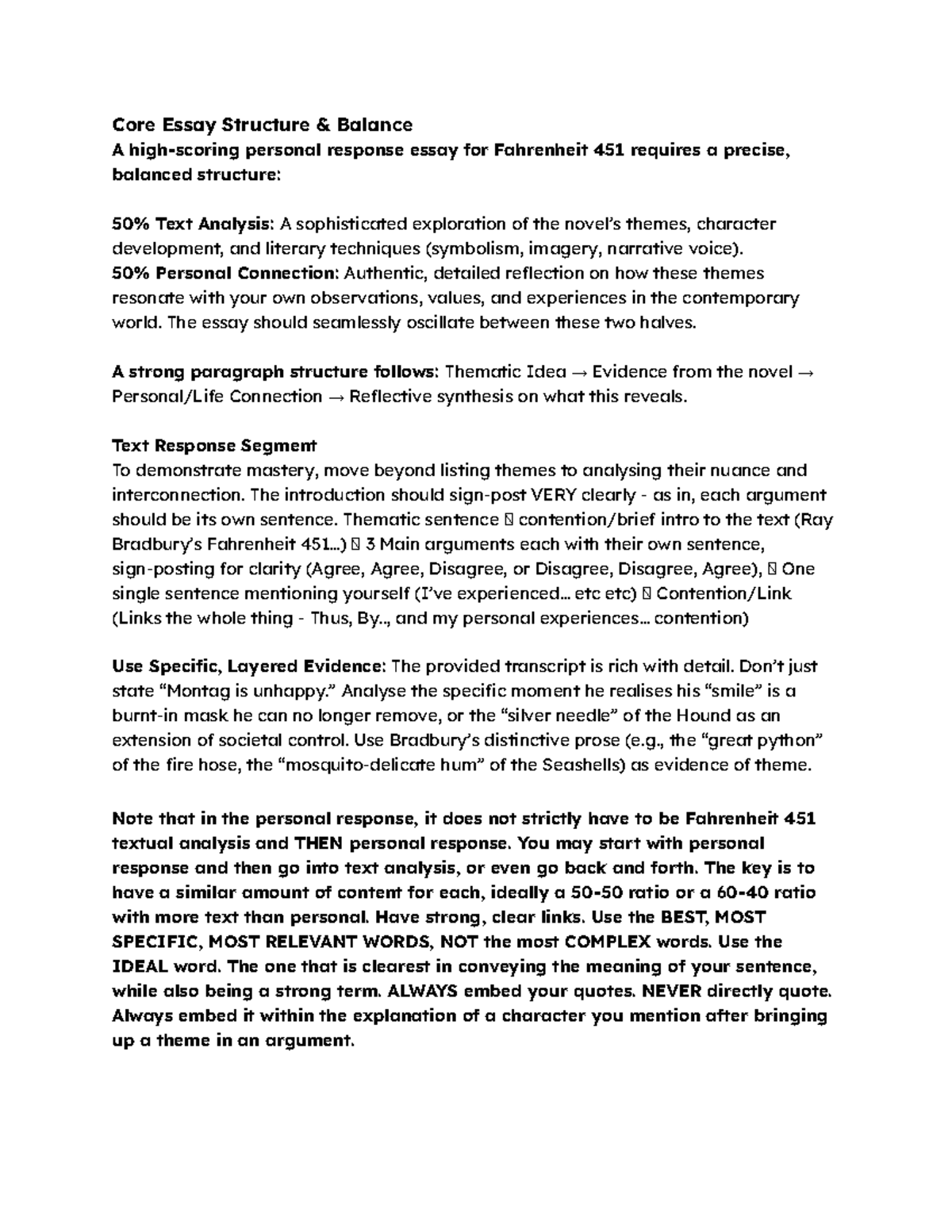 Core Essay Structure & Balance: Personal Response to Fahrenheit 451 ...