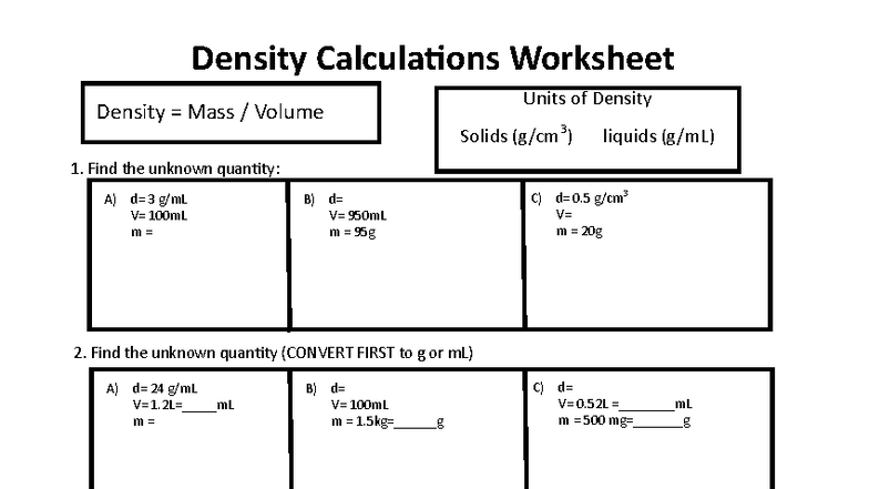 Density Calculations Worksheet: Mass, Volume & Density Problems - Studocu