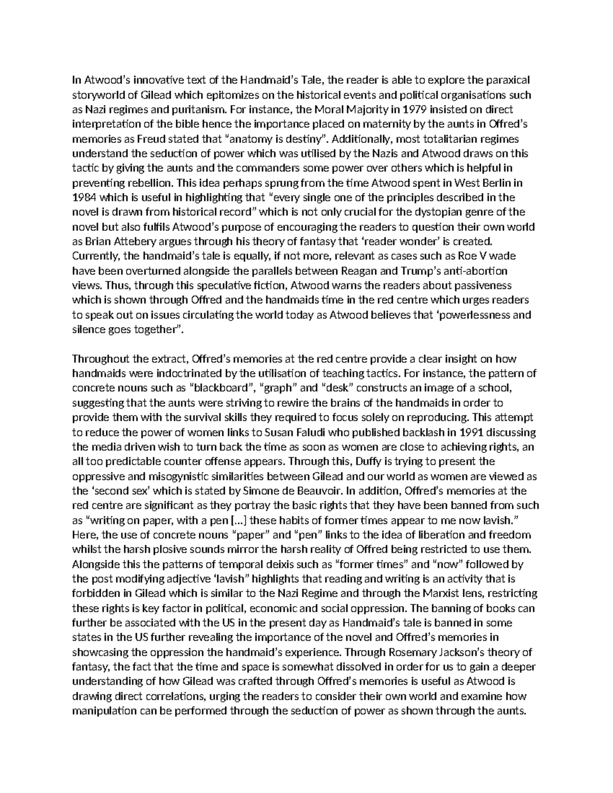 ENG 202 - Atwood's The Handmaid's Tale: An Analytical Essay - Studocu