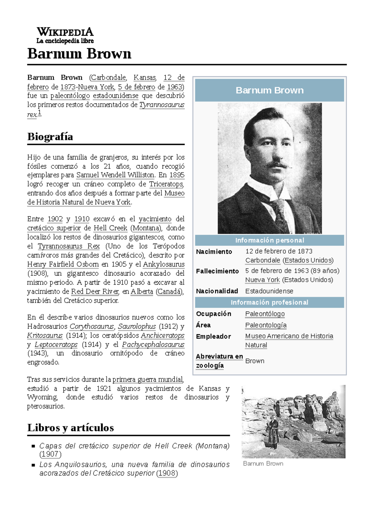 Barnum Brown - Historia - Barnum Brown Información personal Nacimiento ...