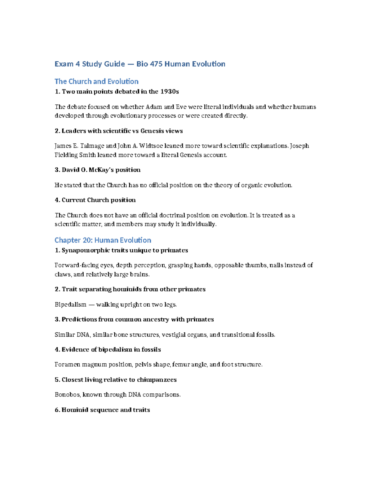 Exam 4 Study Guide — Bio 475: Human Evolution & Cognitive Revolution ...