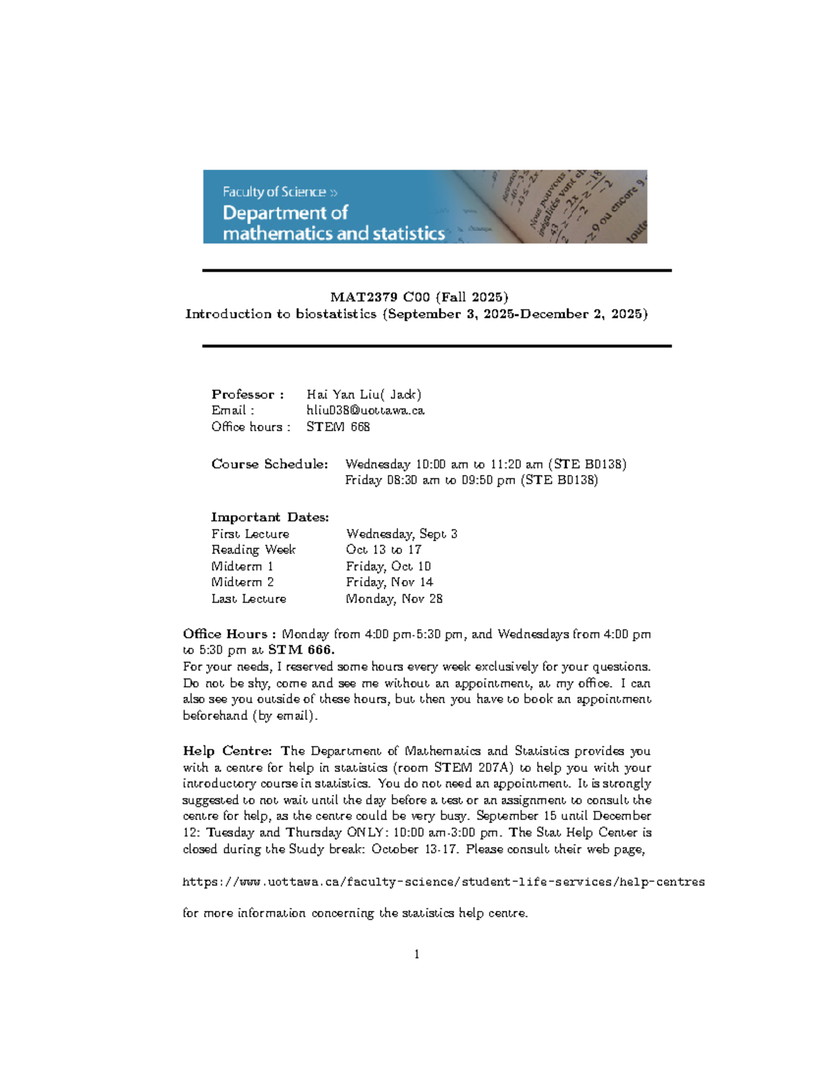 MAT2379 C00 (Fall 2025) Biostatistics Course Syllabus - Studocu