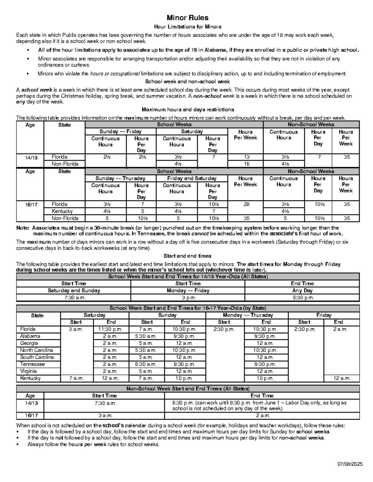 Minor Work Hour Limitations and Regulations for Publix Associates - Studocu