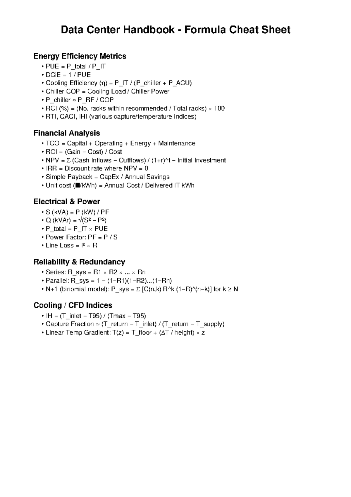 Data Center Handbook: Energy Efficiency Metrics Cheat Sheet - Studocu