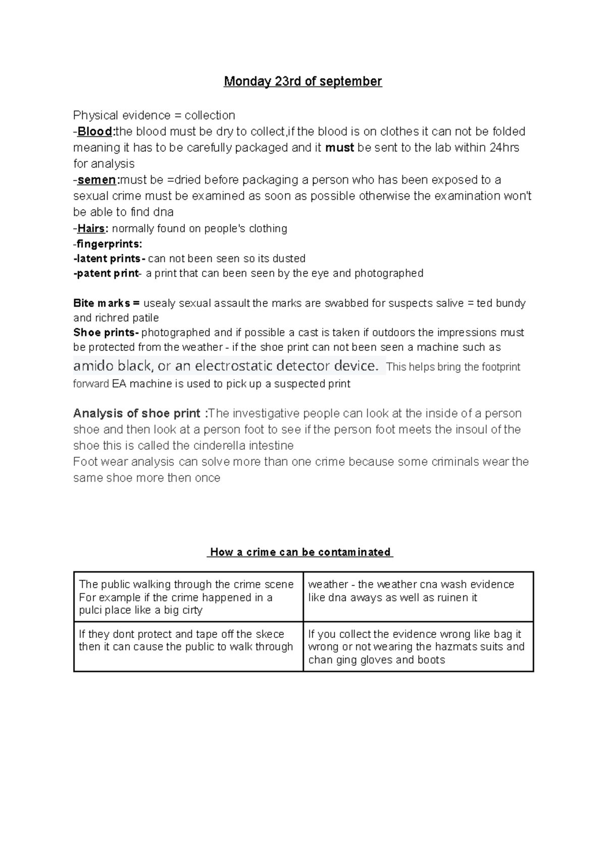 Transfer AC1.3 unit 3 - Monday 23rd of september Physical evidence ...