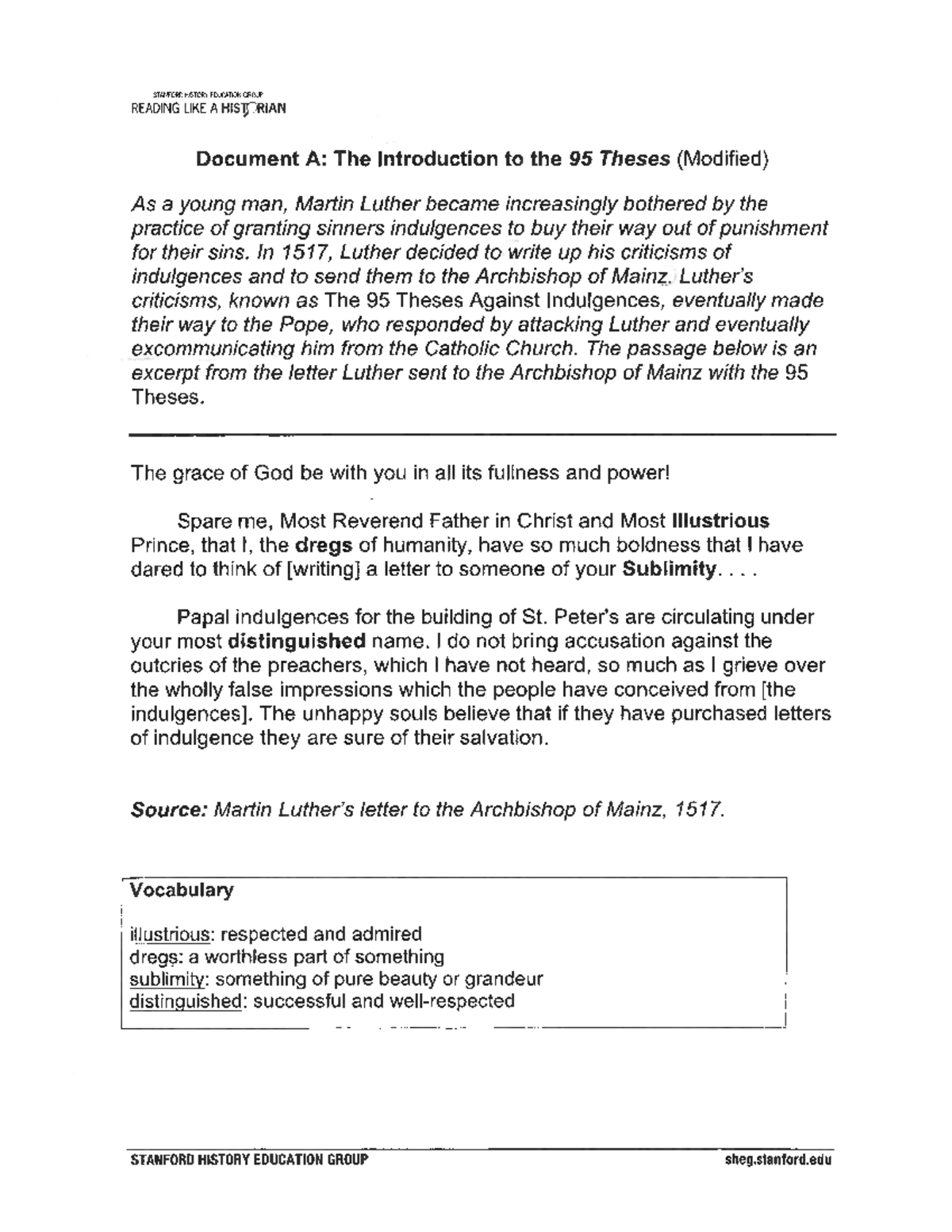 STANFORD HISTORY EDUCATION GROUP: Martin Luther's 95 Theses Analysis ...