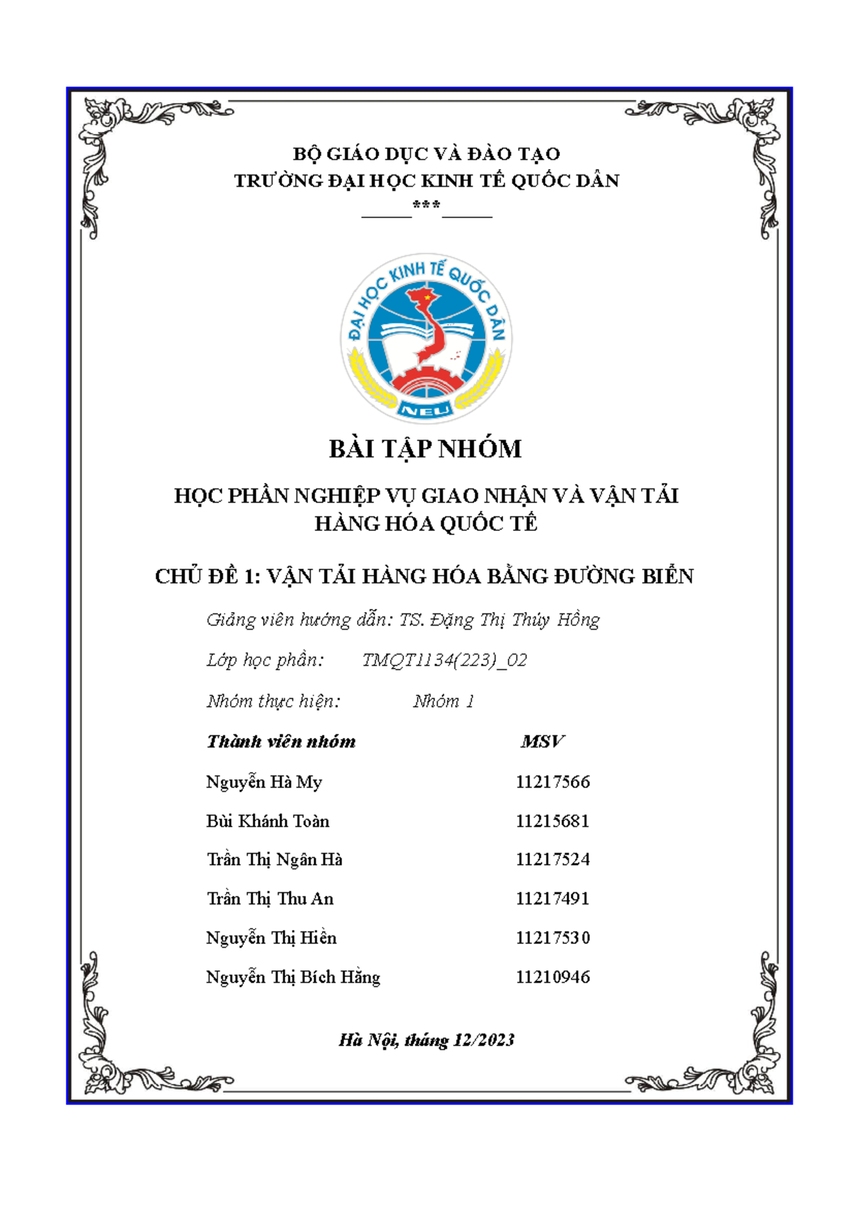 NVGN - VẬN TẢI BIỂN - NHÓM 1 - BỘ GIÁO DỤC VÀ ĐÀO TẠO TRƯỜNG ĐẠI HỌC ...