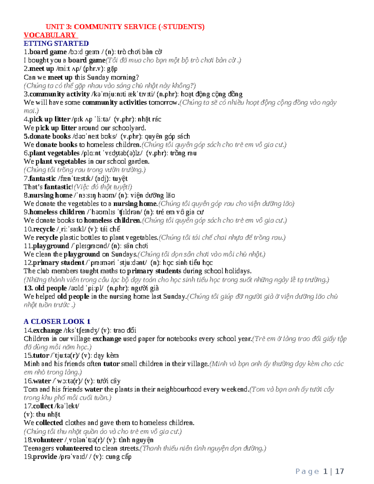 UNIT 3: COMMUNITY SERVICE VOCABULARY & ACTIVITIES - GLOBAL 7 - Studocu