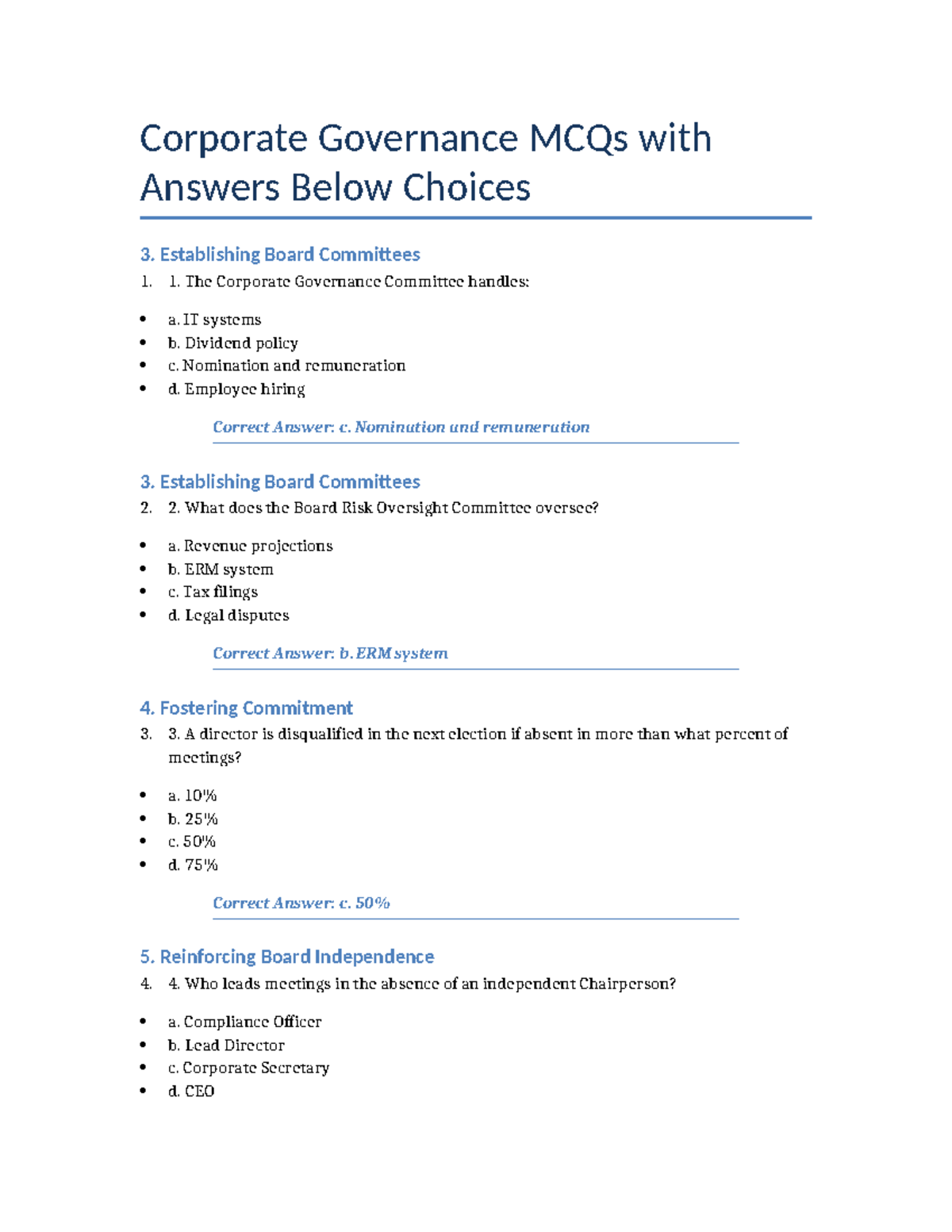 Corporate Governance MCQs: 100 Questions & Answers for Review - Studocu