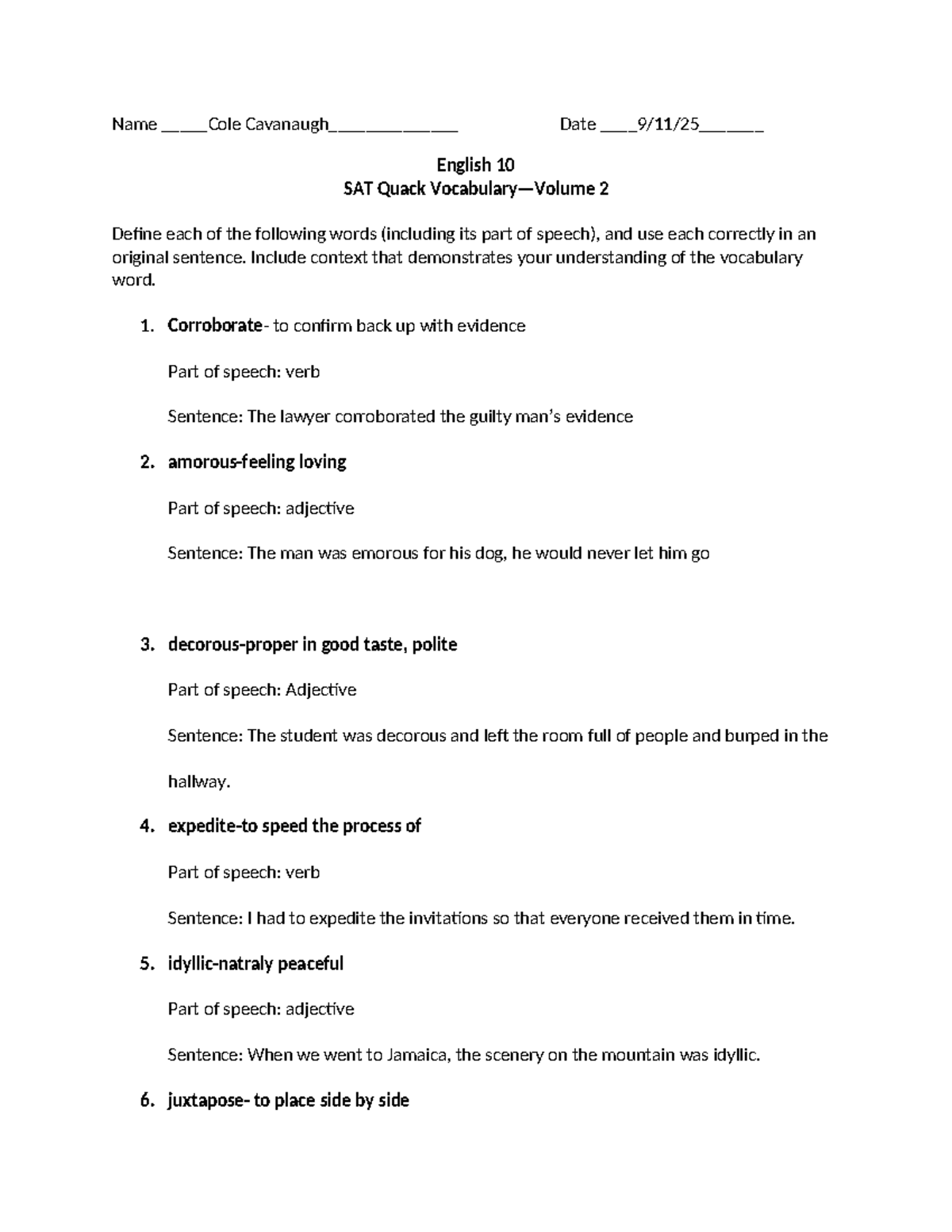 English 10 SAT Quack 2 Vocabulary Definitions & Sentences - Studocu