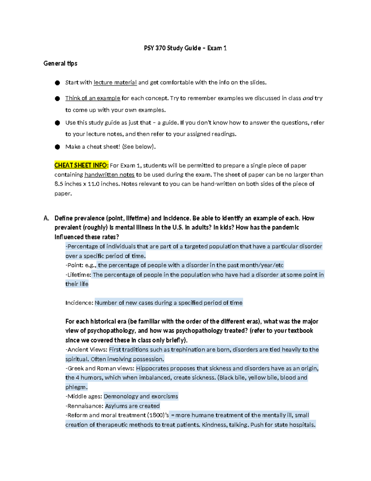 PSY 370 Study Guide – Exam 1: Key Concepts in Psychopathology - Studocu