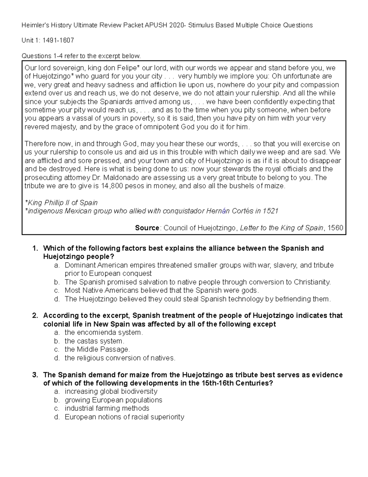APUSH Unit 1: Ultimate Review Packet for Stimulus MCQs - Studocu
