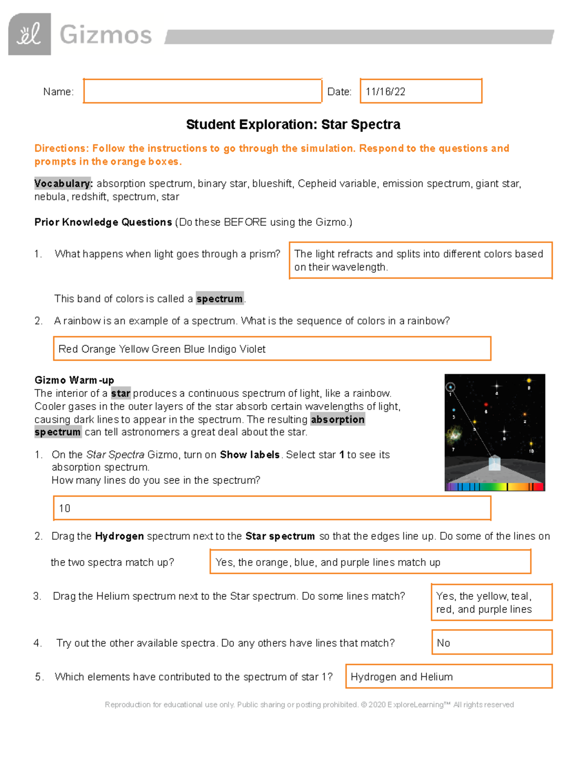 Star Spectra Exploration - Gizmo Activity Guide - Studocu