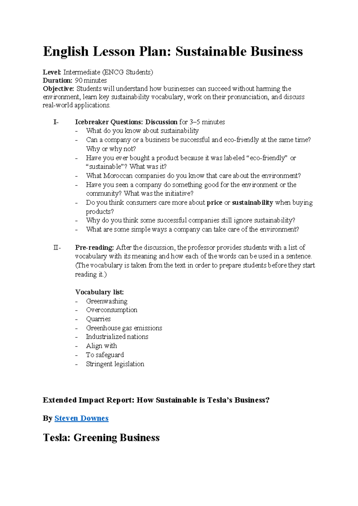English Lesson Plan: Sustainable Business for ENCG Students - Studocu