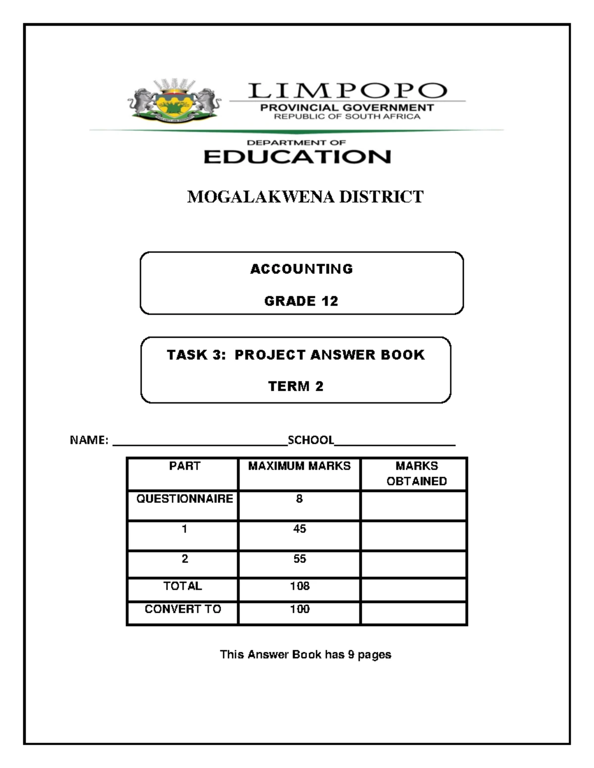 Grade 12 Accounting Term 2 Project Answer Book 2025 - Studocu