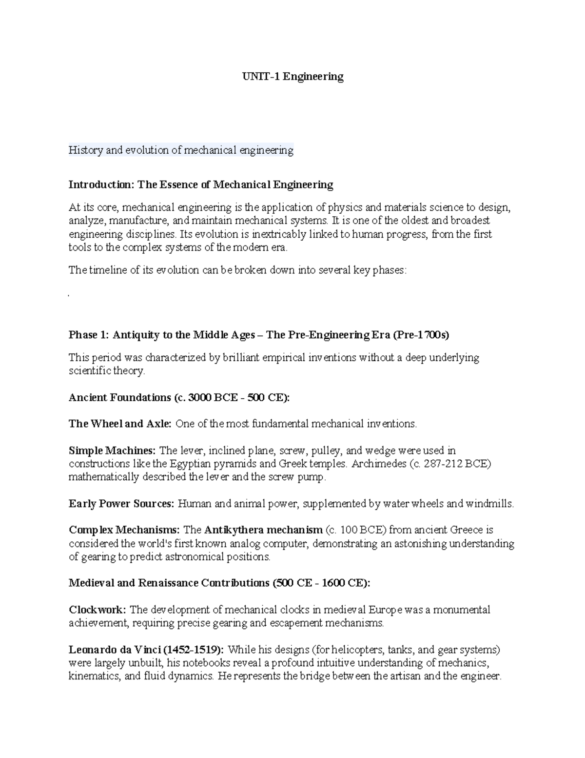 ENGR 101: Evolution of Mechanical Engineering - A Historical Overview ...