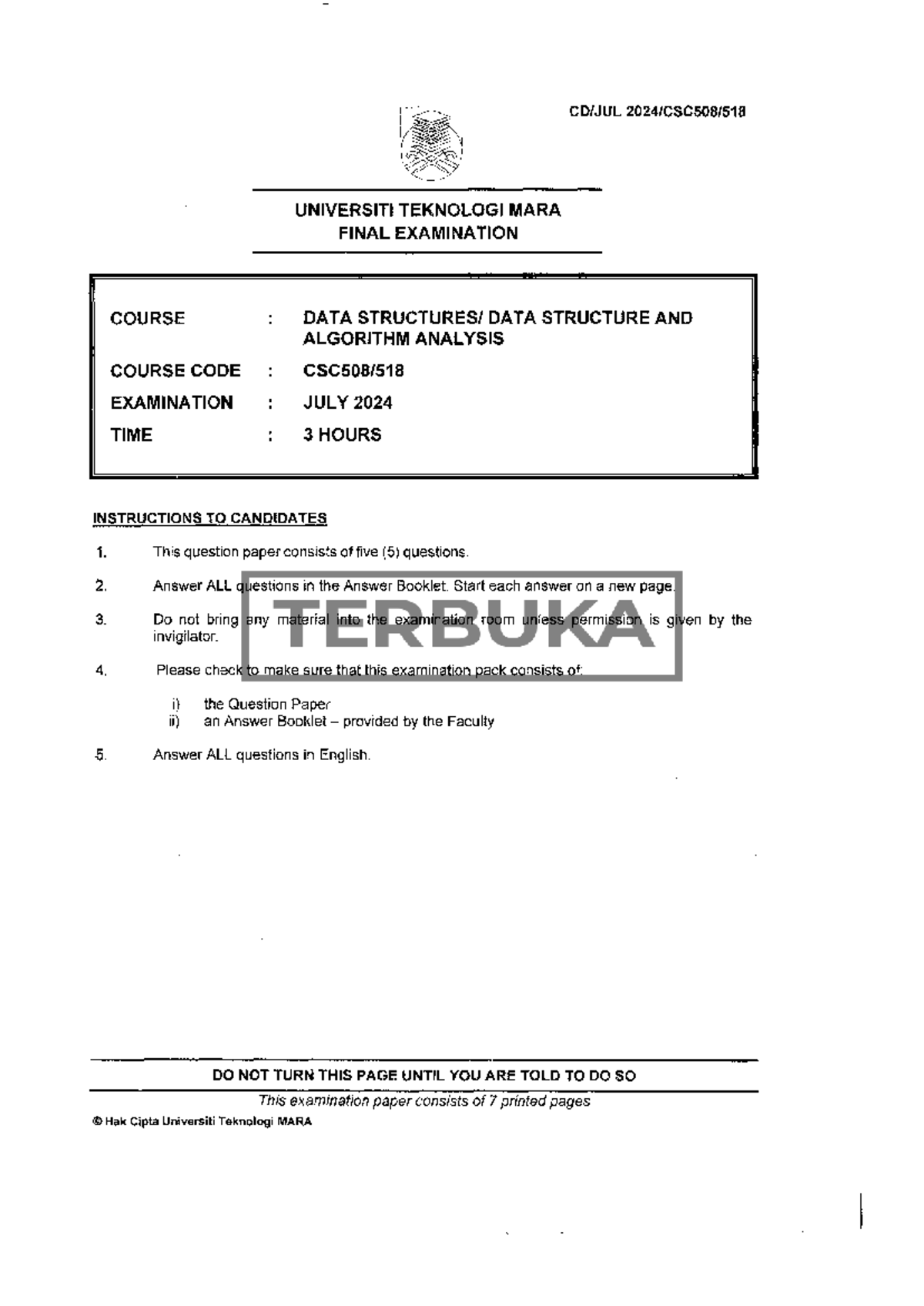 CSC508 - Final Exam Data Structure & Algorithm Analysis July 2024 - Studocu