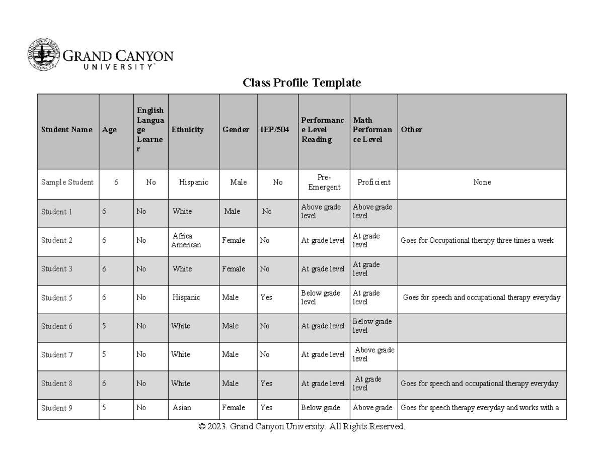 Class Profile Template for Student Performance Assessment - Studocu