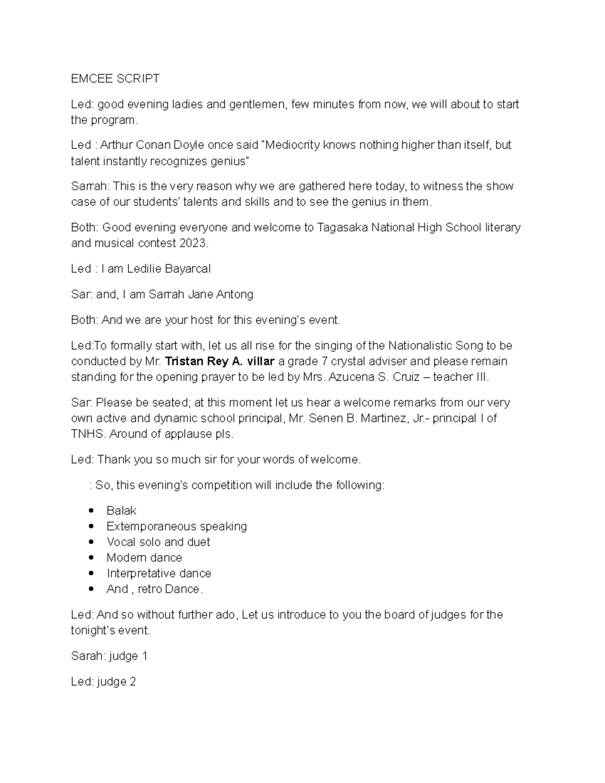 Final EMCEE Script for TNHS Literary & Musical Contest 2023 - Studocu