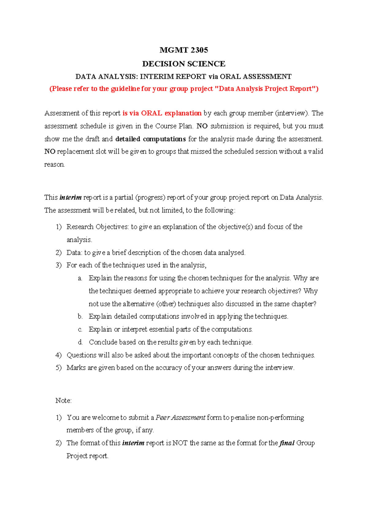 MGMT 2305 Data Analysis Interim Report for Oral Assessment - Studocu