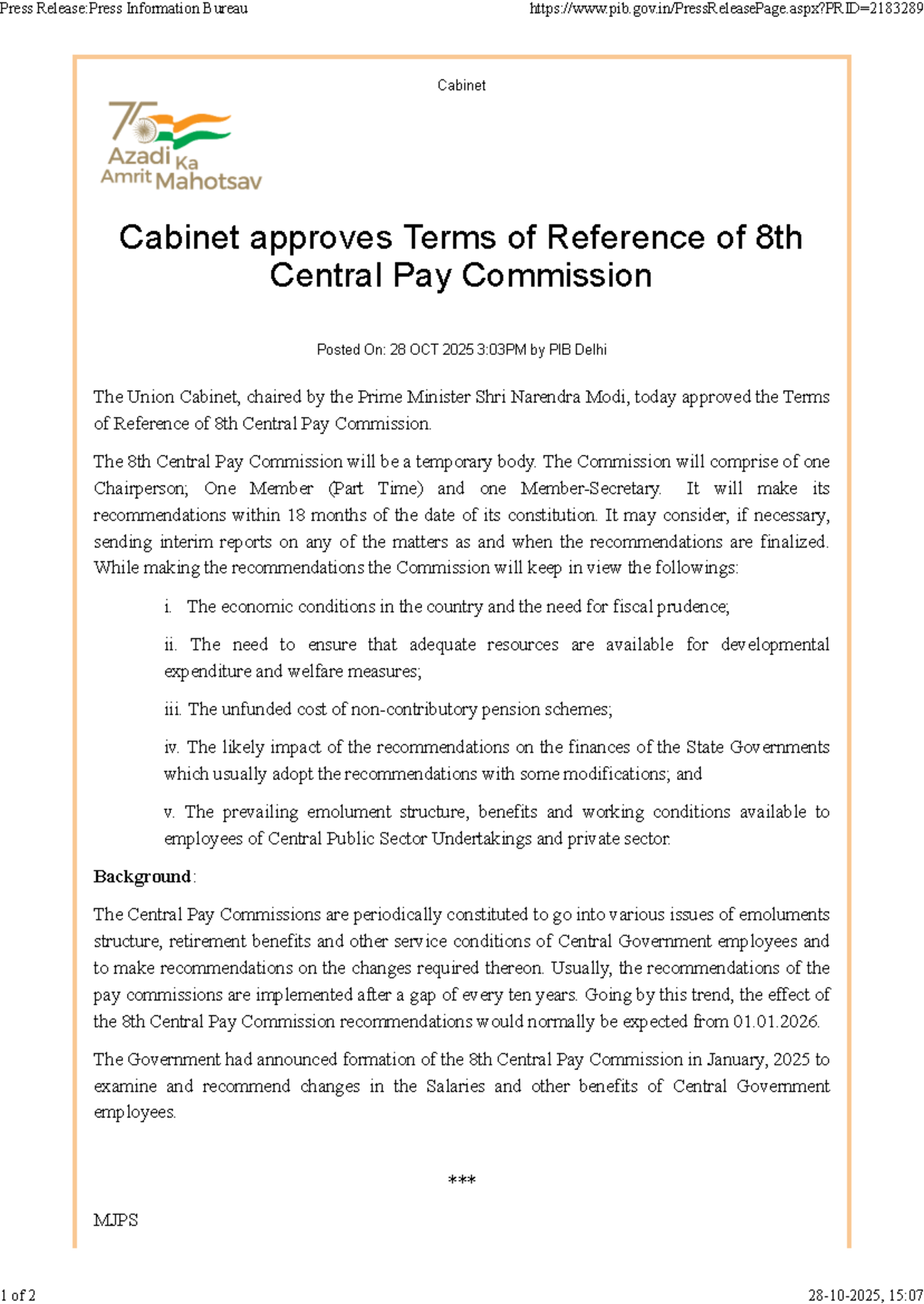 8th CPC: Cabinet Approves Terms of Reference for Pay Commission - Studocu