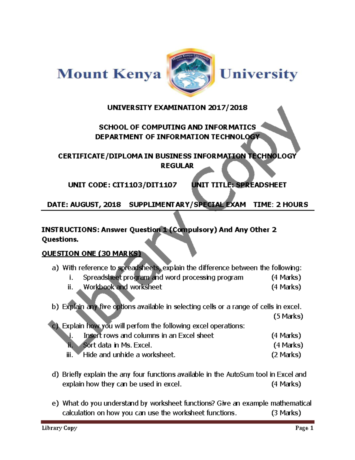 CIT1103-DIT1107 Spreadsheets Exam Notes - August 2018 - Studocu