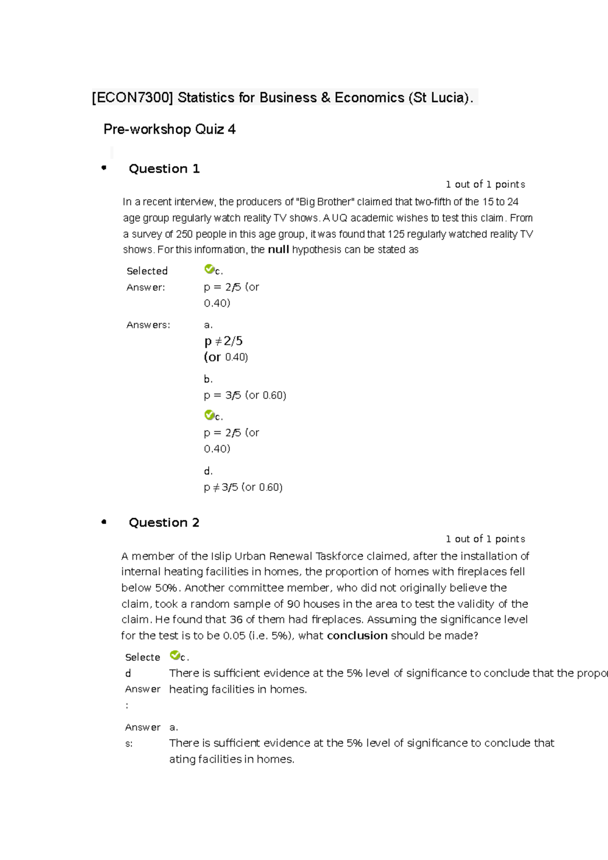 ECON7300 PRE WORKSHP QUIZ 4 - [ECON7300] Statistics for Business ...