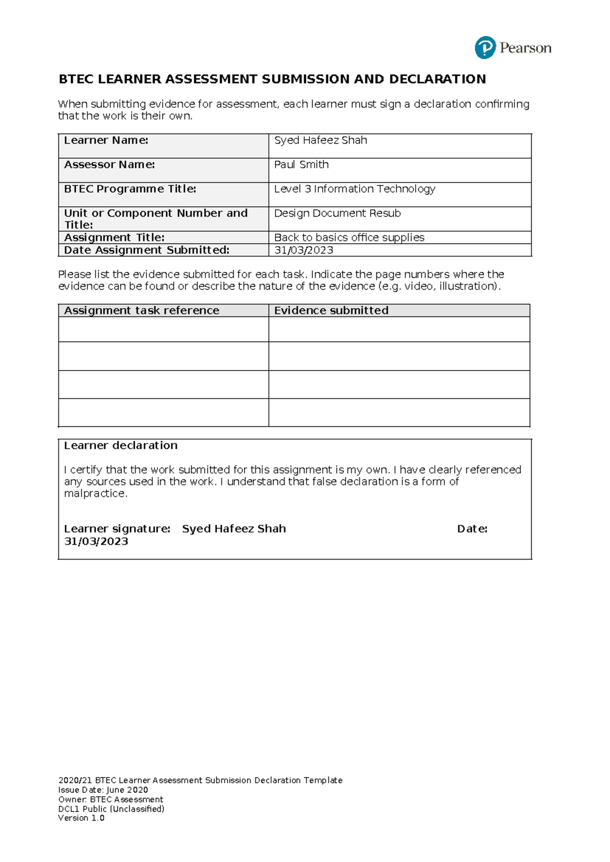BTEC Level 3 IT Submission Declaration for Design Document Resub - Studocu