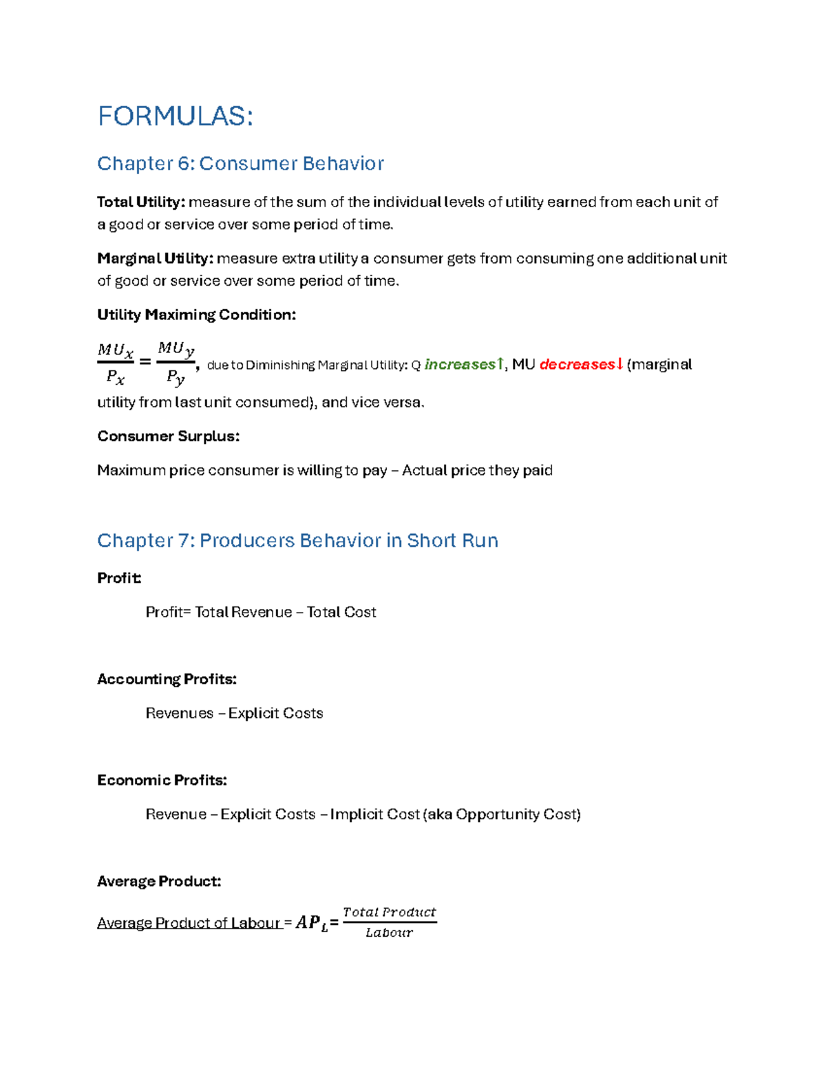 Formulas - FORMULAS: Chapter 6: Consumer Behavior Total Utility ...