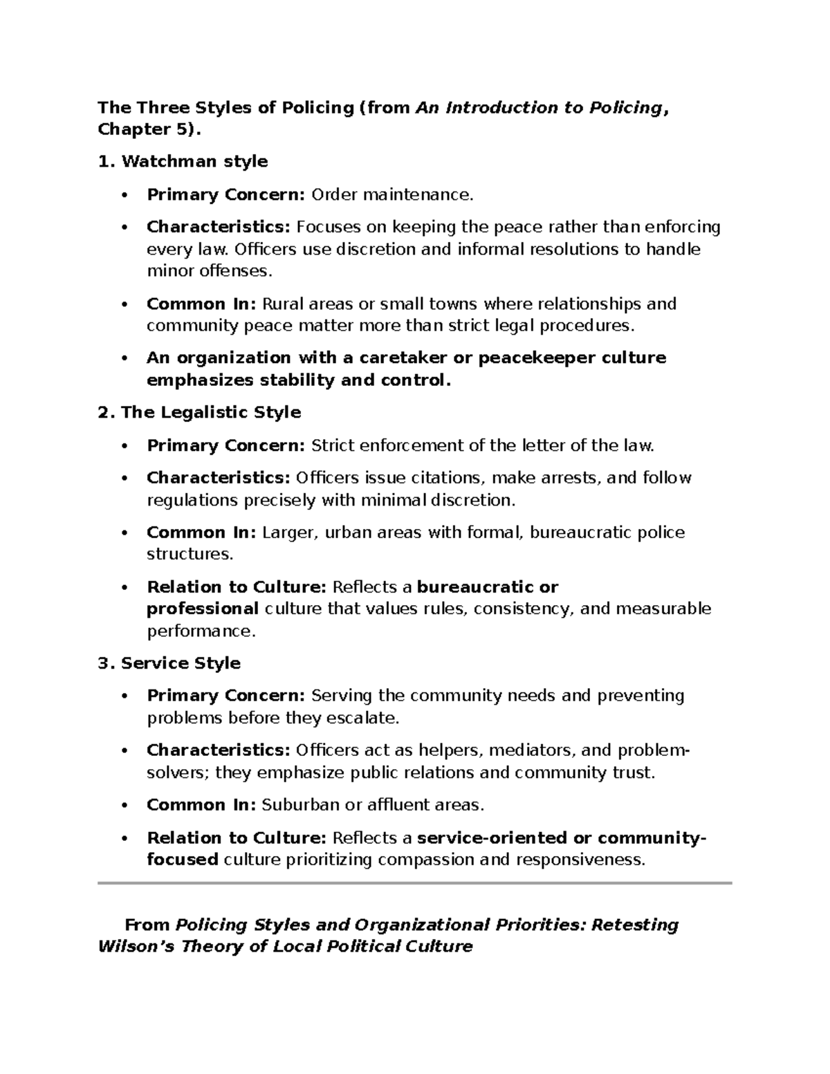 Policing Styles Overview: Chapter 5 Insights from Intro to Policing ...