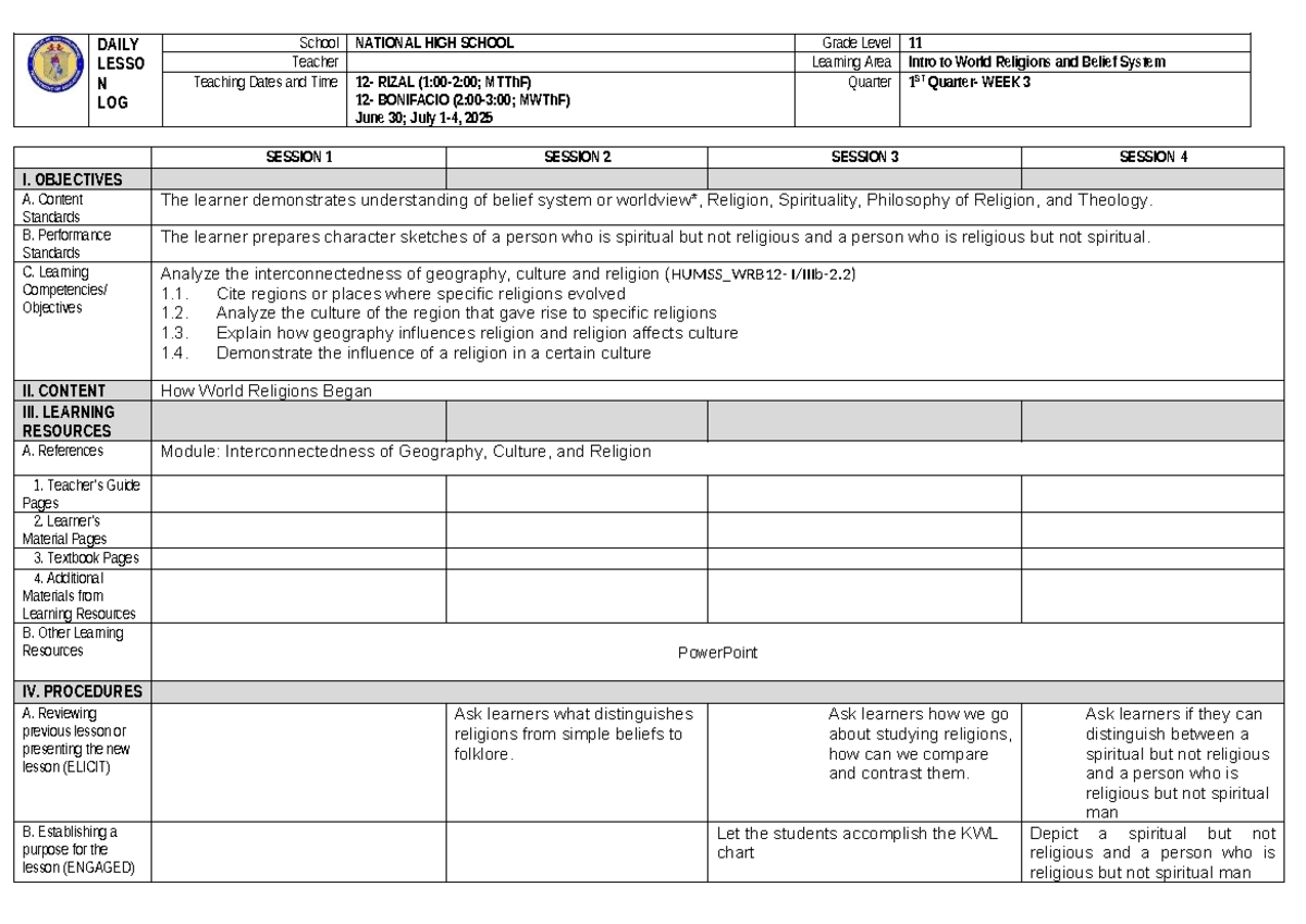 Religion Q1 W3 - Daily Lesson Log on World Religions and Culture - Studocu