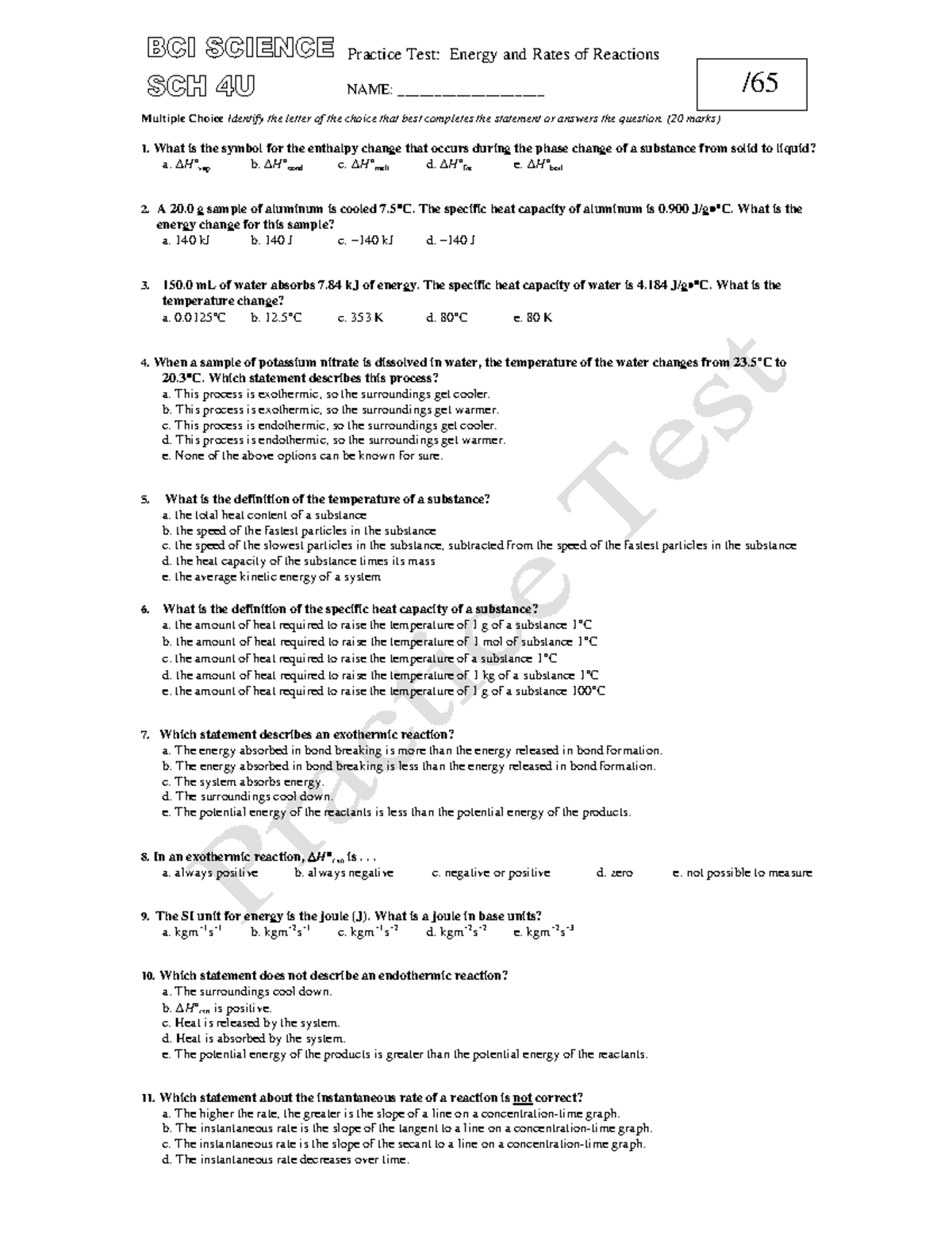 Final Exam Practice Test - Energy and Reaction Rates - CHEM 101 - Studocu