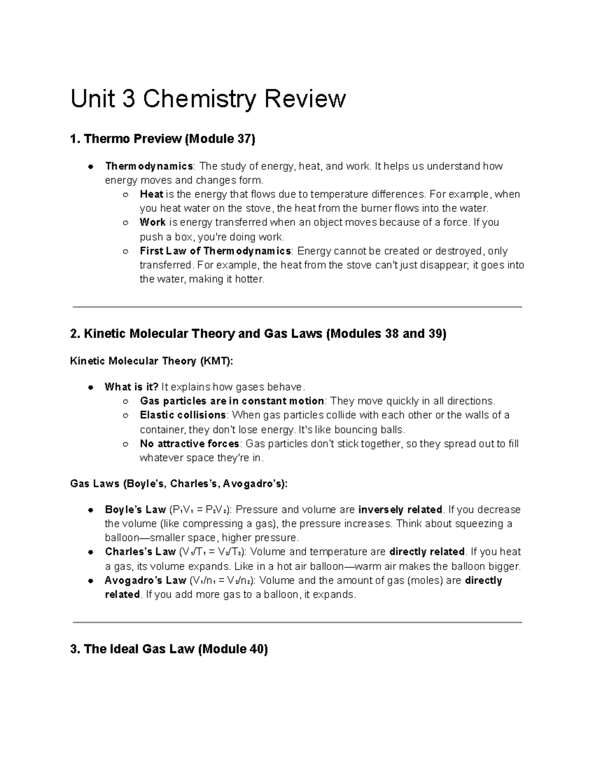 Unit 3 Chemistry Review: Thermodynamics & Gas Laws Overview - Studocu