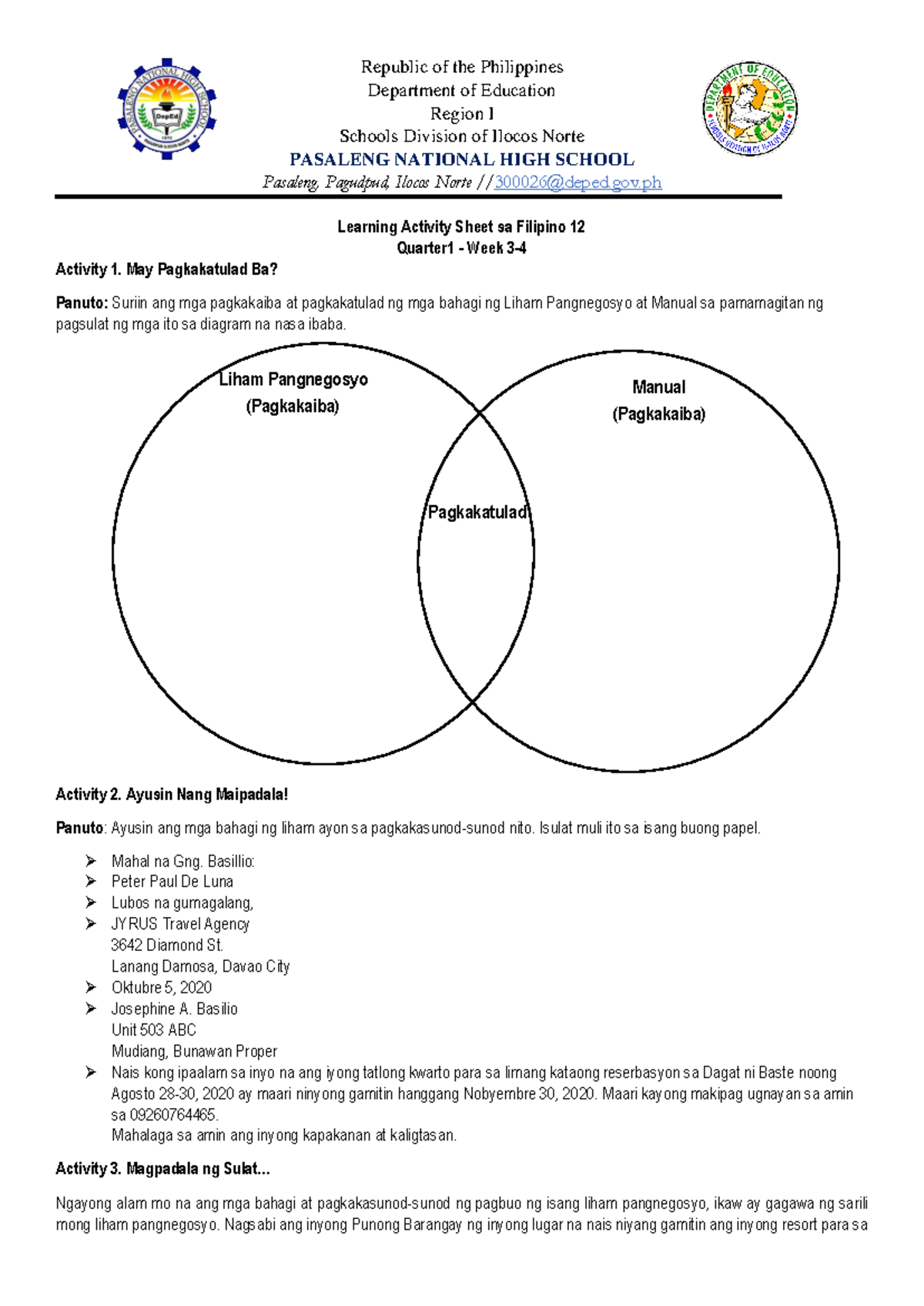Learning Activity Sheet sa Filipino 12 - Liham Pangnegosyo (Pagkakaiba ...