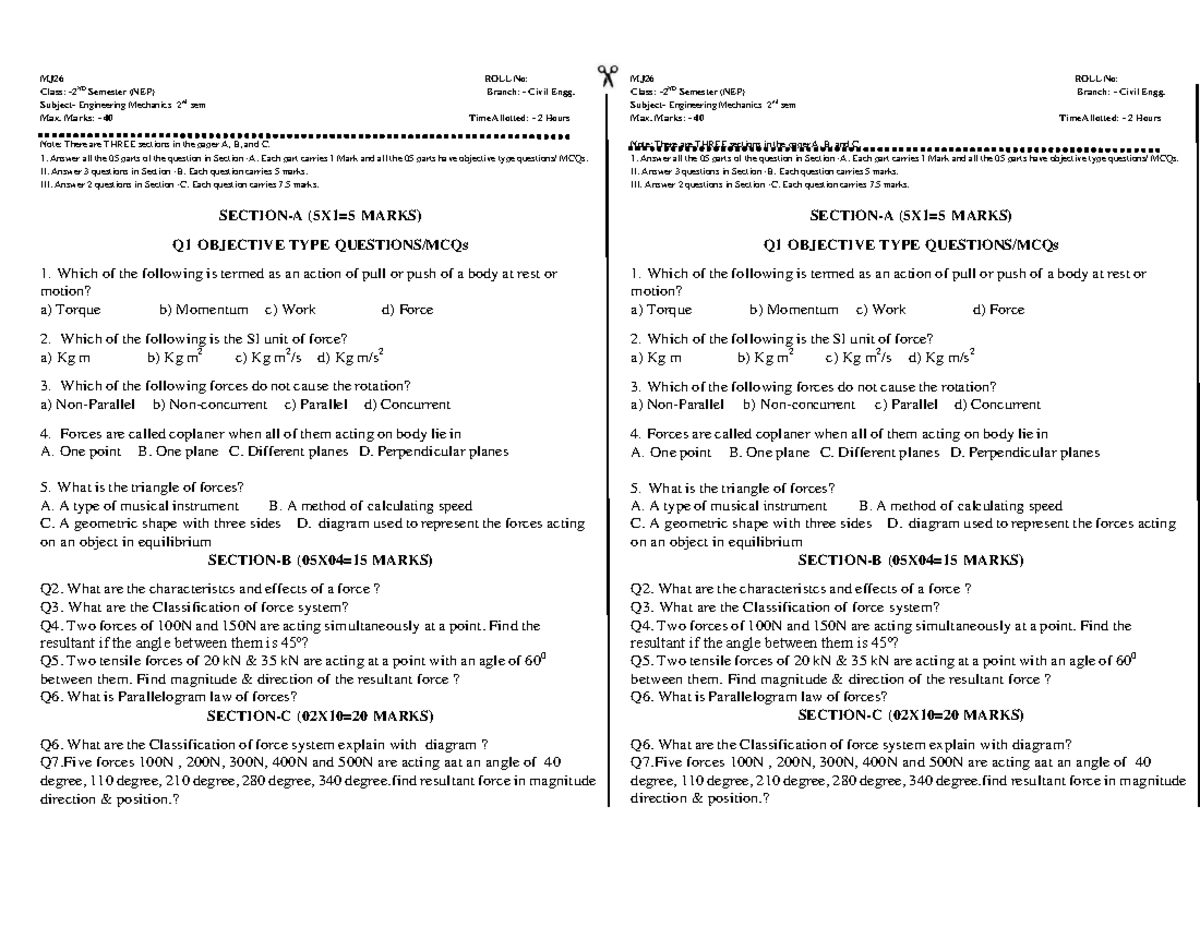 MJ26 Engineering Mechanics 2nd Sem Exam Paper - Civil Engg. - Studocu