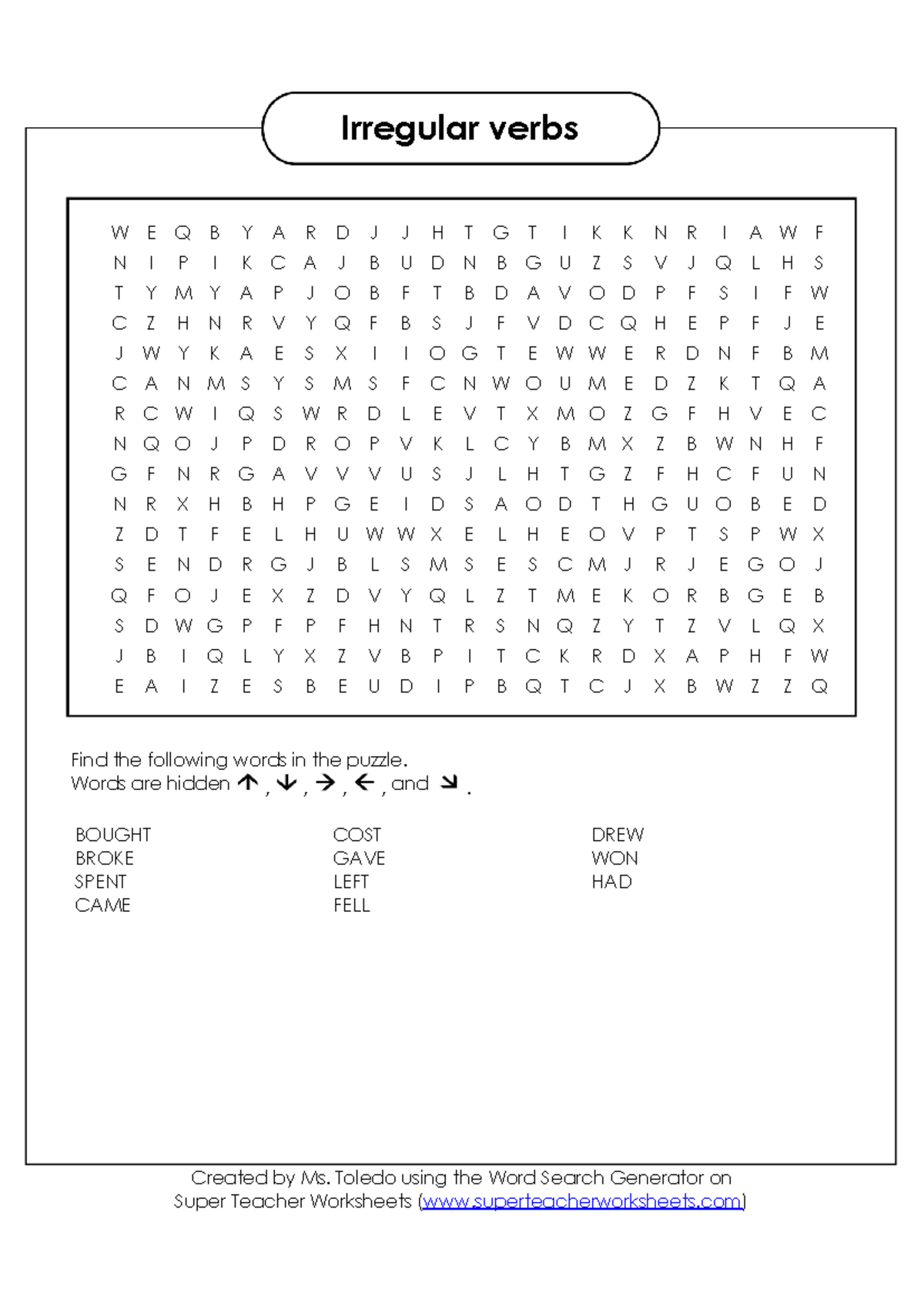Irregular Verbs Word Search Puzzle Solution - W E Q B Y A R D J J H ...