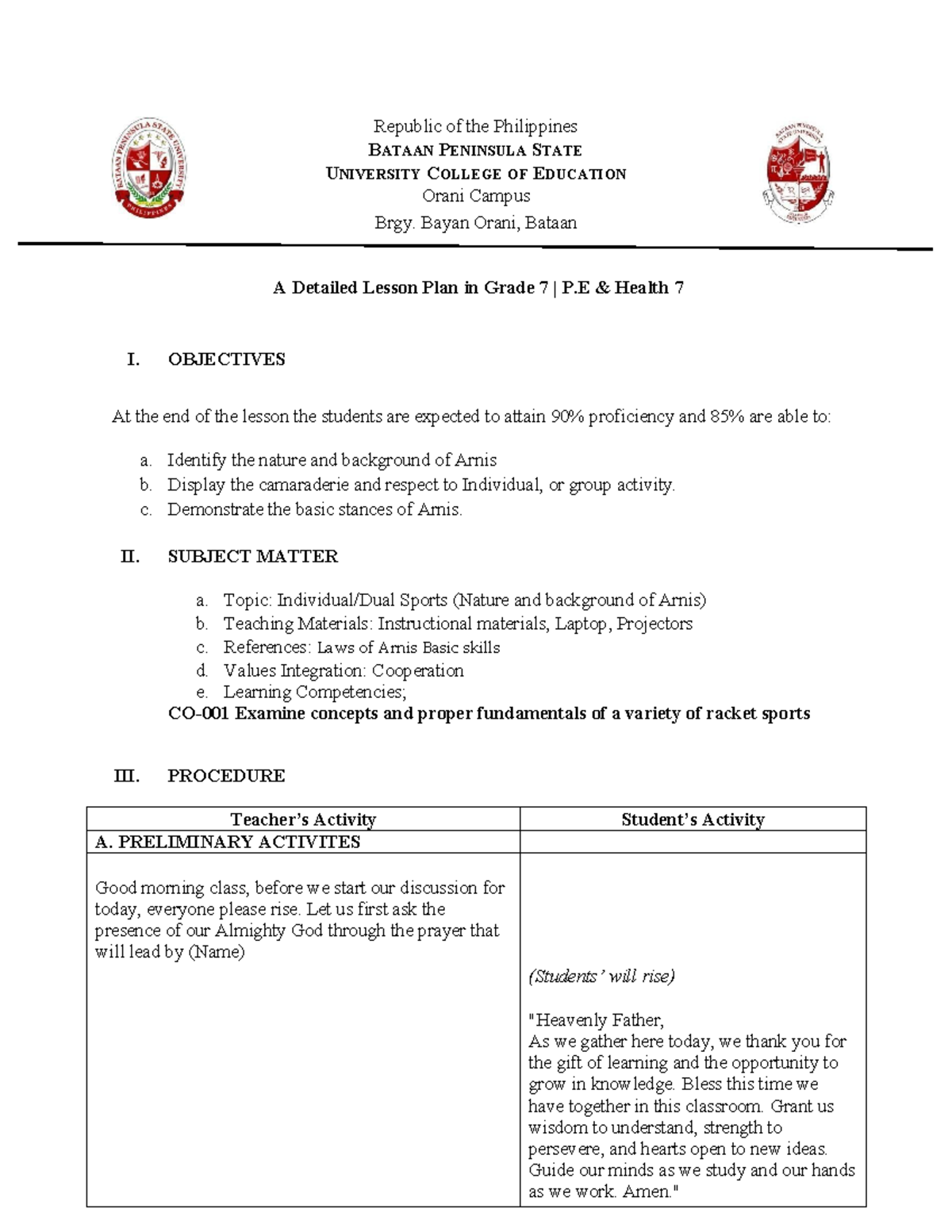 Arnis Lesson Plan for Grade 7 P.E. (MBS-DLP) - Studocu