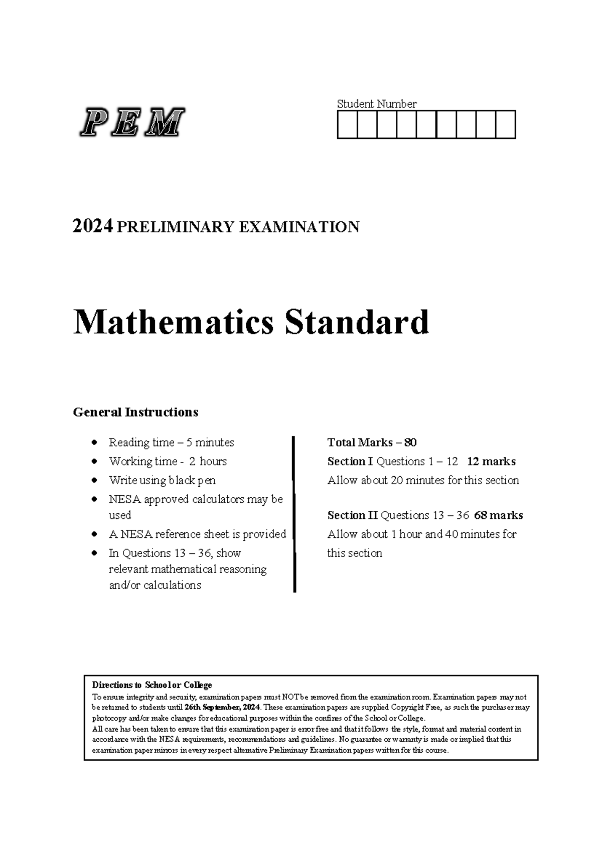 2024 ACE Mathematics Preliminary Exam Paper - General Instructions ...