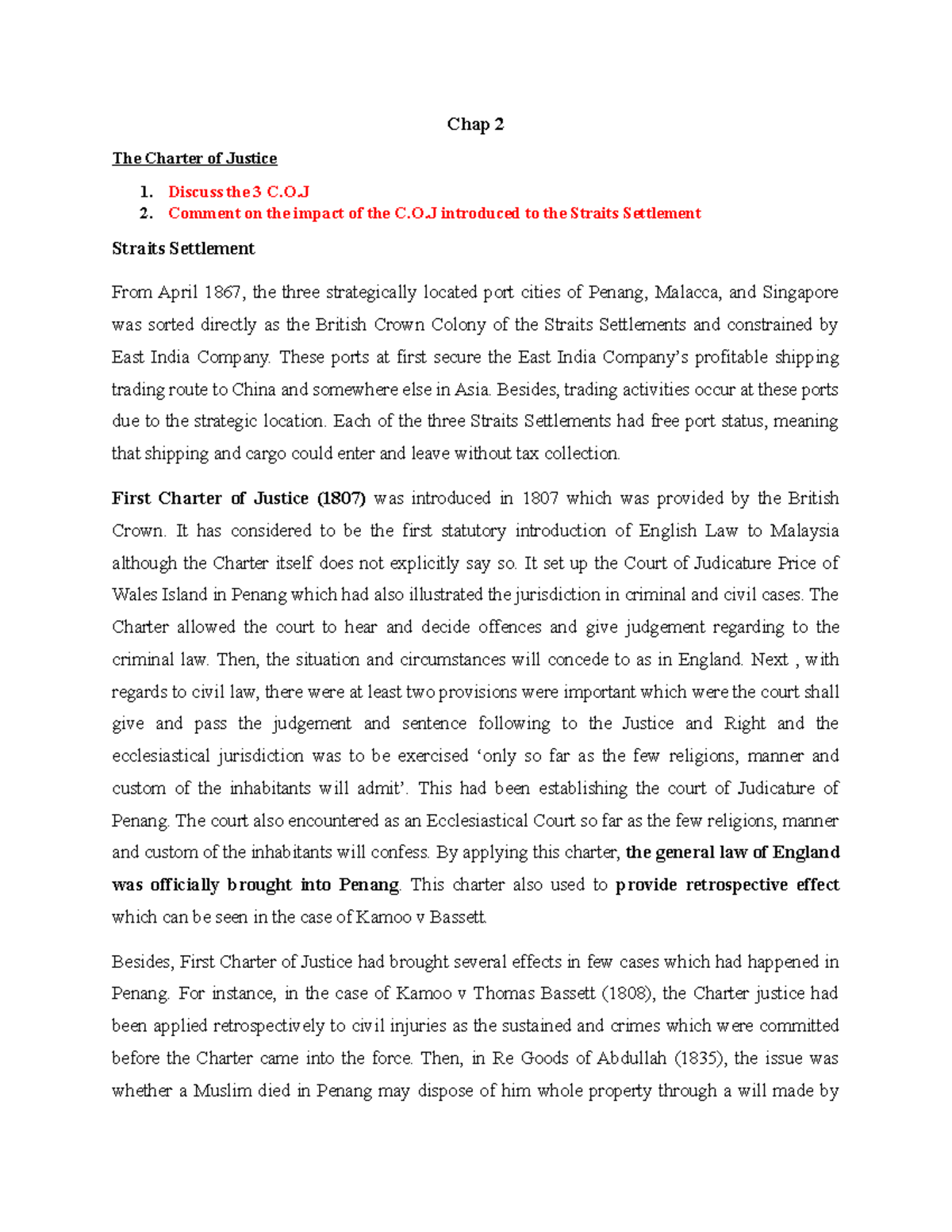 COJ - Chap 2 The Charter of Justice Discuss the 3 C.O Comment on the ...