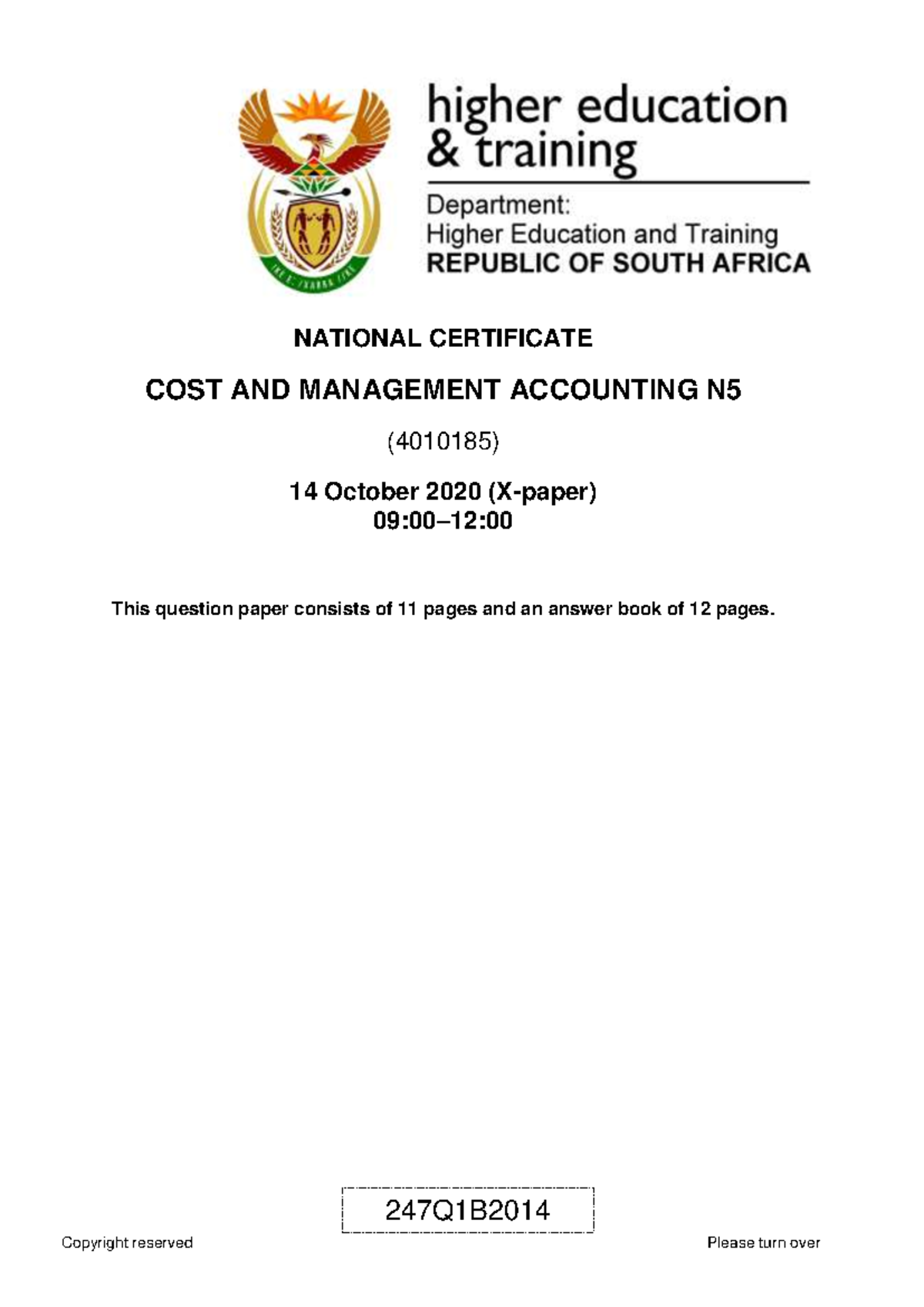 N5 Cost and Management Accounting November 2020 Exam Paper (4010185 ...