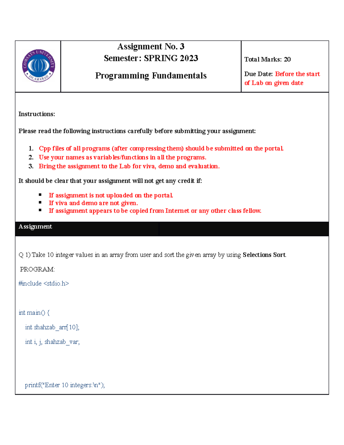 Assignment No - 3 Semester: SPRING 2023 Programming Fundamentals Total ...