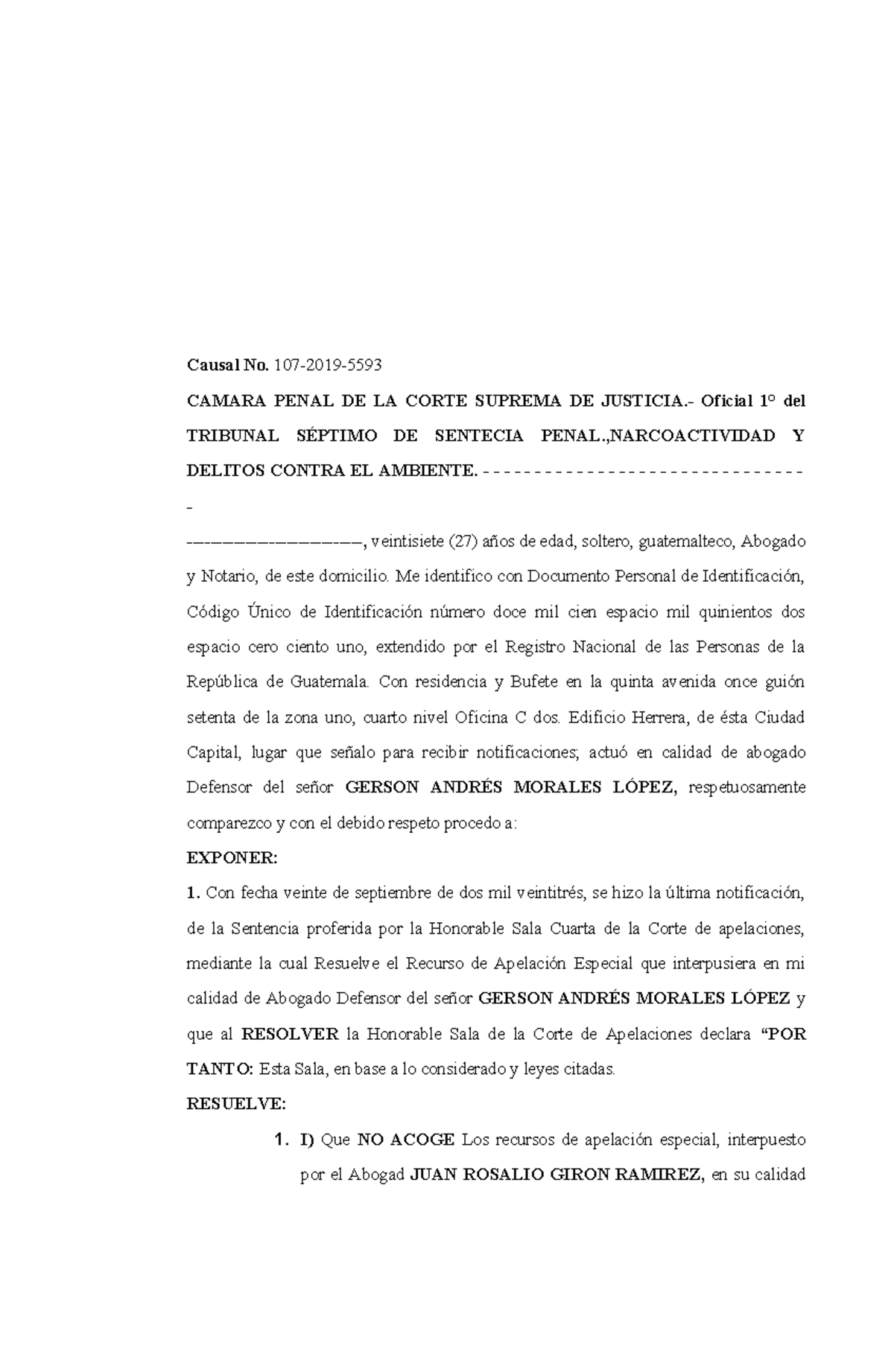 Recurso DE Casacion - Causal No. 107-2019- CAMARA PENAL DE LA CORTE SUPREMA DE JUSTICIA ...