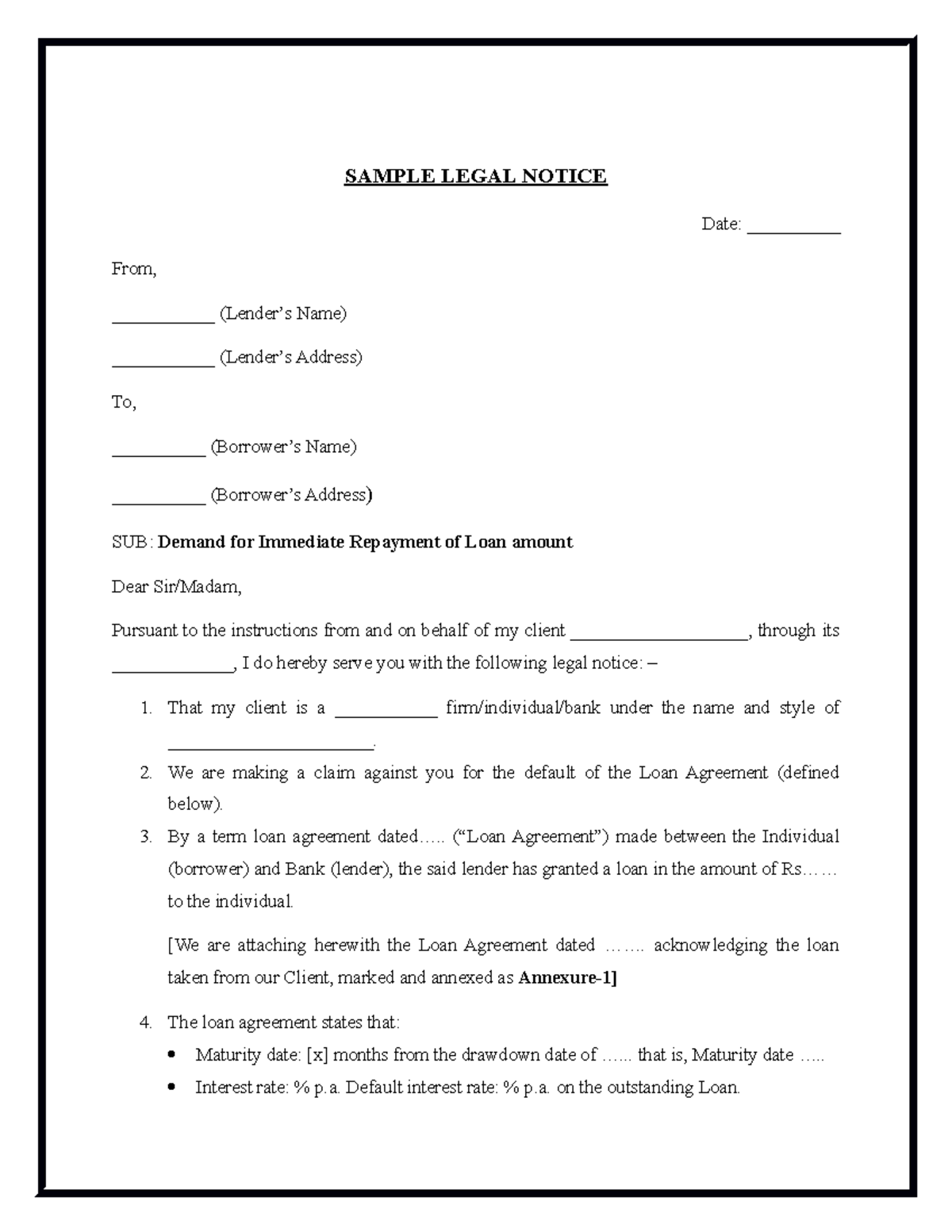 Legal Notice for Default in Bank Loan Agreement (LGL-101) - Studocu