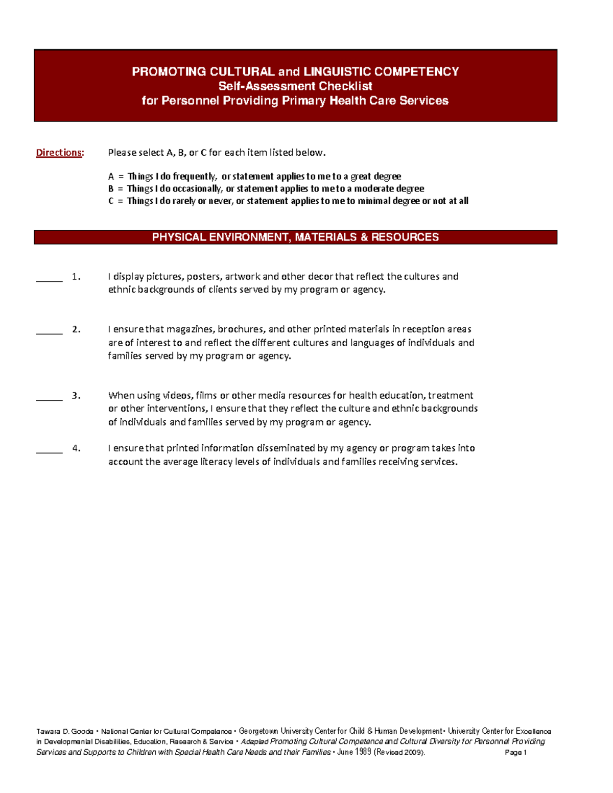 Cultural Self-Assessment Checklist for Health Care Personnel - Studocu