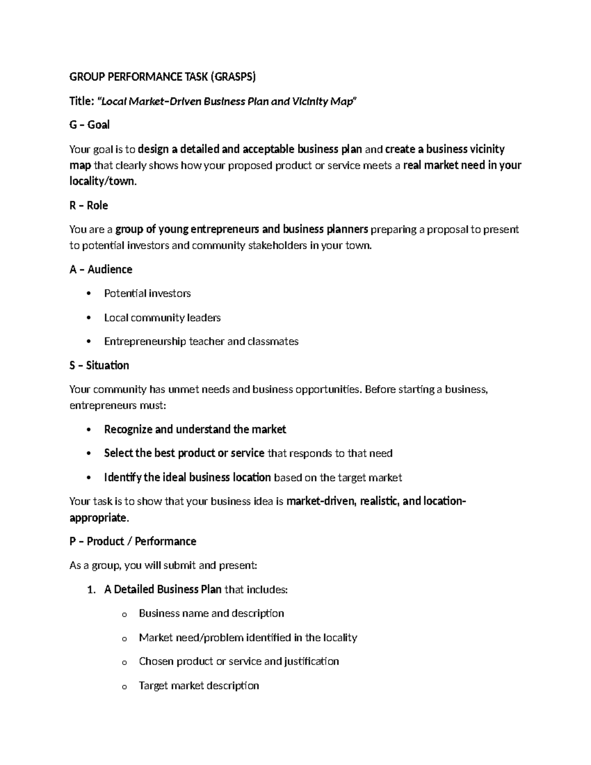 Q3 Group Performance Task: Business Plan & Vicinity Map - Studocu