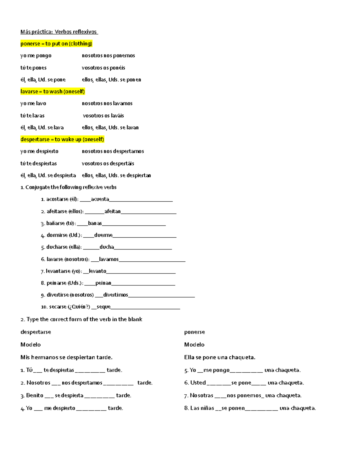 7.1 Más práctica Reflexive Verbs Practice 1-5-22 - Más práctica: Verbos ...