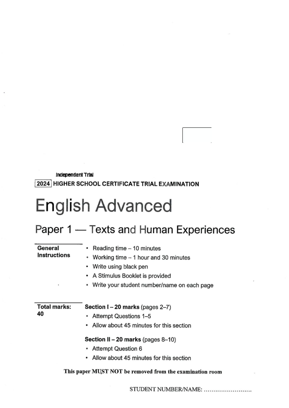 2024 HSC Trial Exam: English Advanced Paper 1 - Human Experiences - Studocu