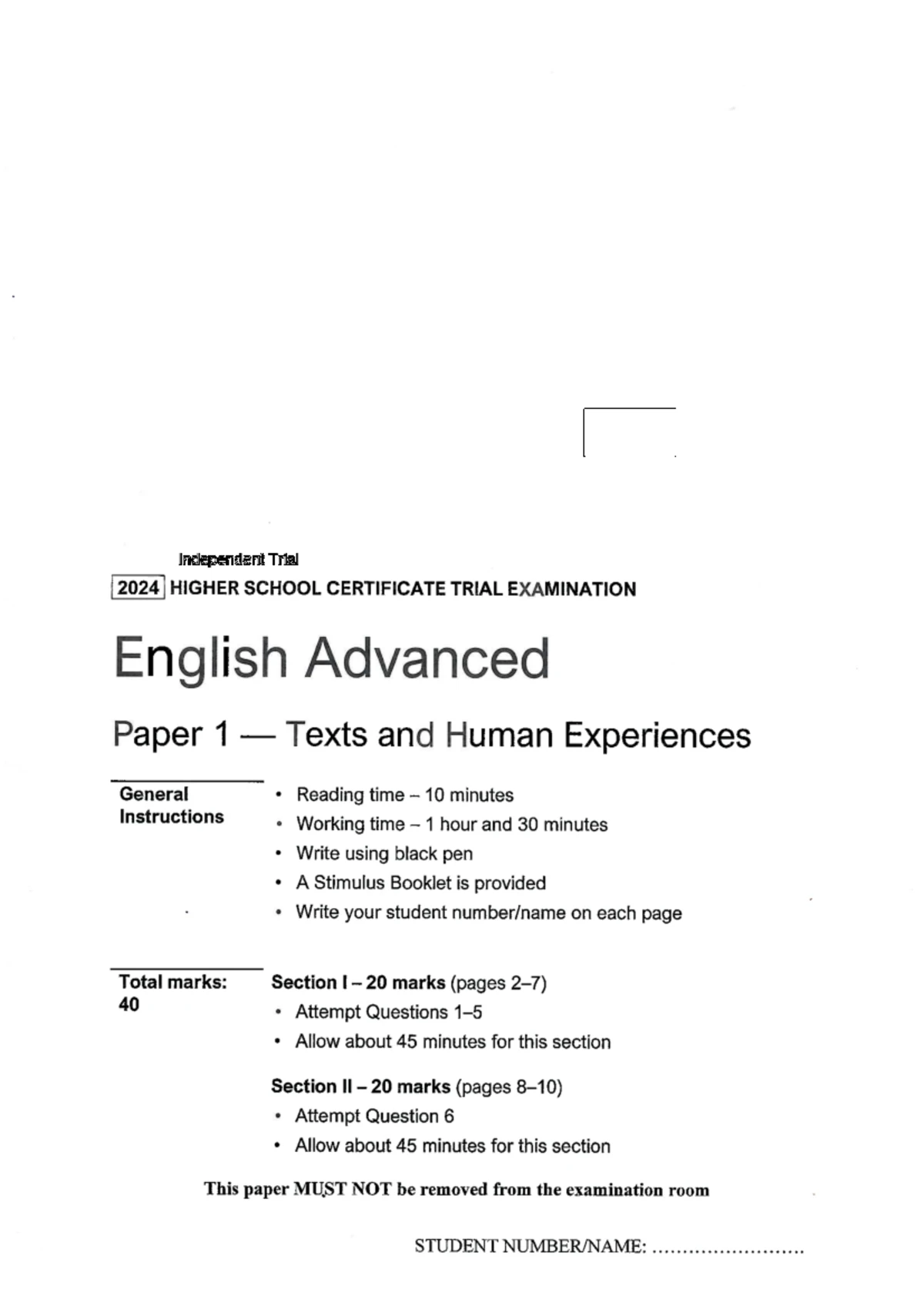 2023 HSC Trial Exam: English Advanced Paper 1 Stimulus Booklet - Studocu