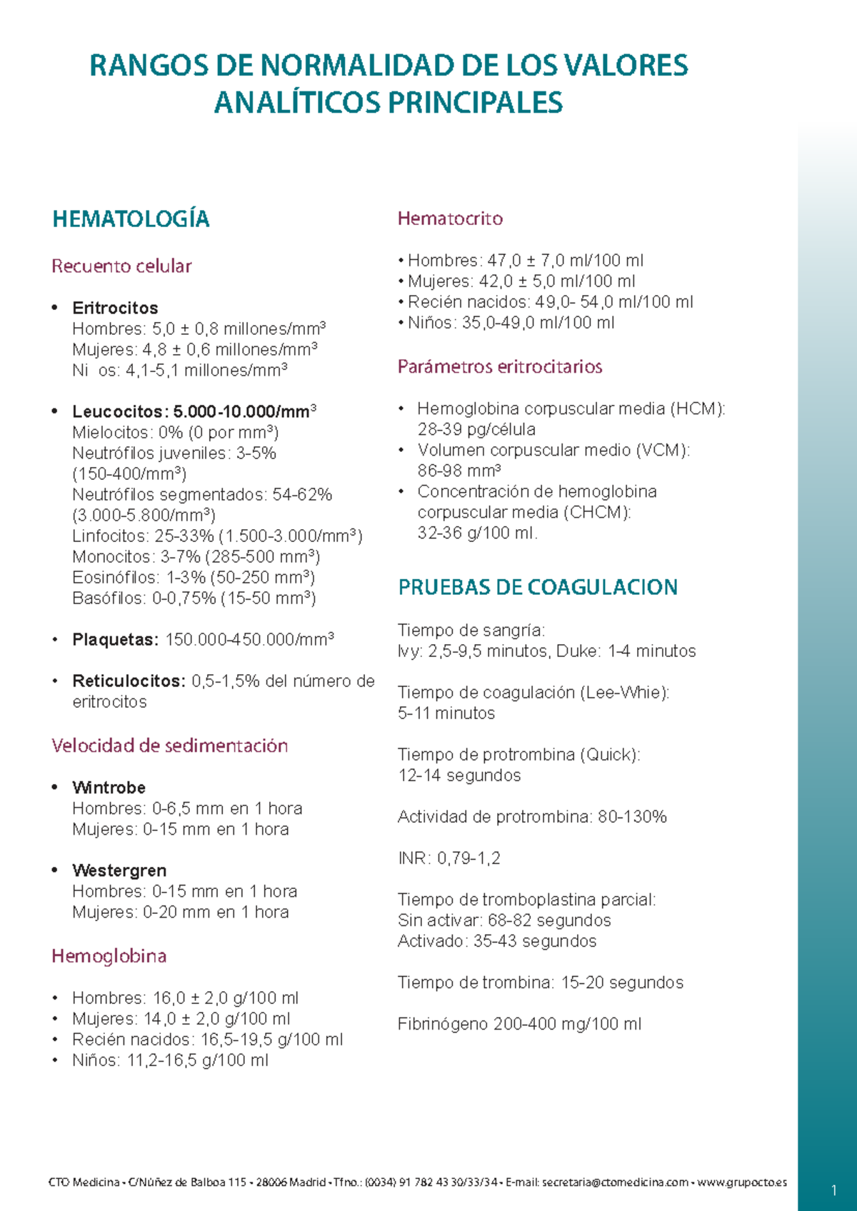 Valores Normales de Laboratorio: Hematología y Hormonas - CTO Medicina ...